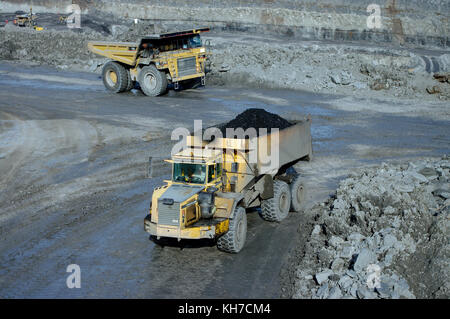 Coal mining industry, coal hauler truck inside of a massive open pit ...