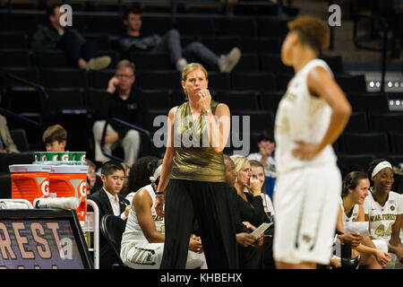 Wake Forest head coach Jen Hoover coaches her team during the second ...