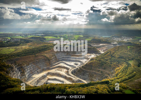 Aerial view of the limestone quarry area. Seen the white sedimentary ...