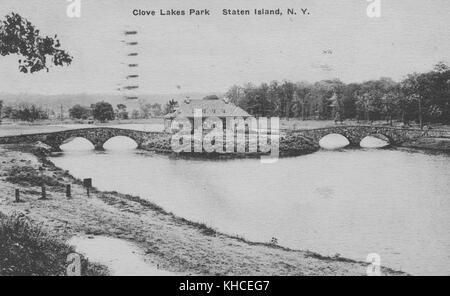 A postcard from a photograph of Clove Lakes Park, the image features a ...