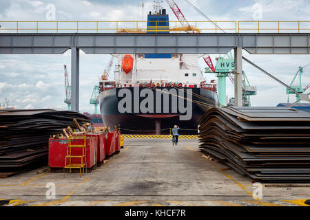 Shipbuilding steel plates in dockyard. Camranh shipyard. Vietnam Stock ...