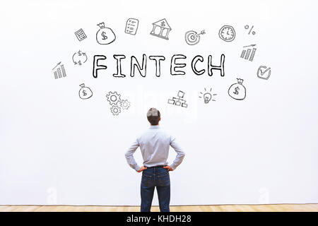 Fintech concept. Man drawing scheme and on white background, closeup ...