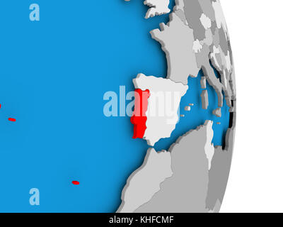 Portugal in red on model of globe with embossed countries and realistic ...