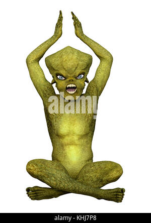 3D rendering of a green alien practicing yoga isolated on white ...