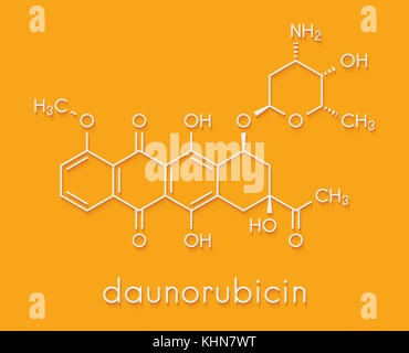 Daunorubicin (daunomycin) cancer chemotherapy drug molecule. Atoms are ...