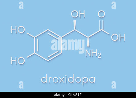 Droxidopa (L-DOPS) hypotension (low blood pressure) drug molecule. Blue ...