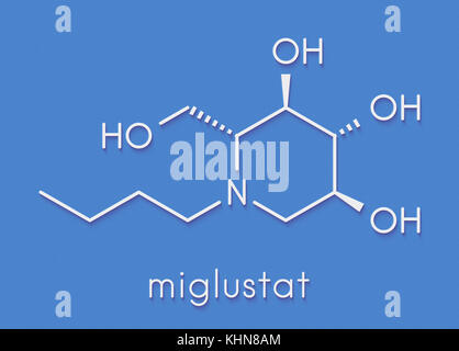 Miglustat Gaucher disease drug molecule. White skeletal formula on dark ...