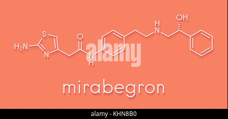 Mirabegron overactive bladder treatment drug molecule. White skeletal ...
