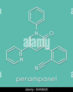 Perampanel epilepsy drug molecule. Used in treatment of seizures. Atoms ...