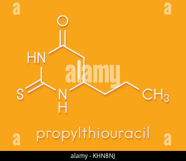 Propylthiouracil (PTU) hyperthyroidism drug molecule. Blue skeletal ...