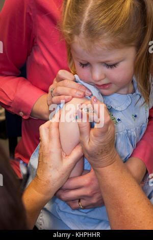 Practice nurse giving NHS 4-in-1 pre-school booster / Pre school Stock ...