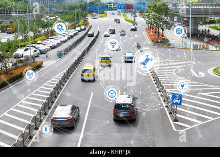Smart car, Autonomous self-driving mode vehicle on metro city road IoT ...
