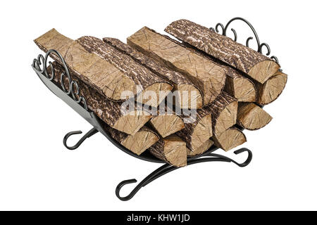 Firewood heap in cast iron grate, 3D rendering isolated on white ...