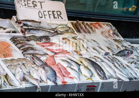 A fresh fish stall in Surrey Street market in Croydon, South London ...