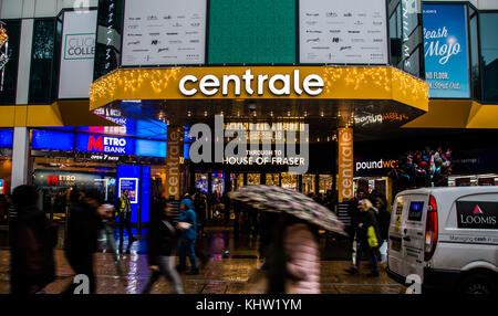 Croydon high street shops with Christmas lights ON showing the Whitgift ...