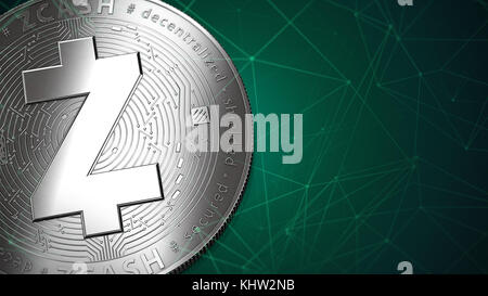Macro shot of silver Zcash (ZEC) and copy space on the right where you ...