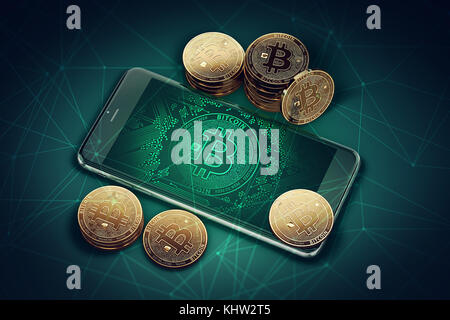 Smartphone with Bitcoin symbol on-screen laying on growing piles of ...