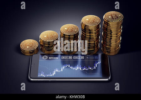 Smartphone with Bitcoin chart on-screen among piles of golden Bitcoins ...
