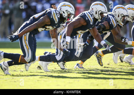 Los Angeles Chargers center Andre James goes through drills during ...