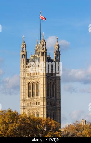 Victoria Tower, part of the Palace of Westminster, viewed from Westminster Palace Gardens ...