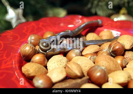 Pretty red Christmas plate with traditional festive almonds, hazelnuts ...