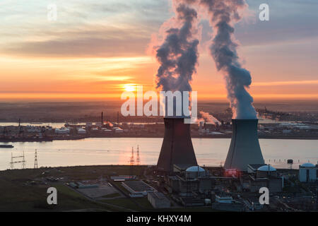 Aerial image of sunrise at nuclear power plant of Doel, Engie ...