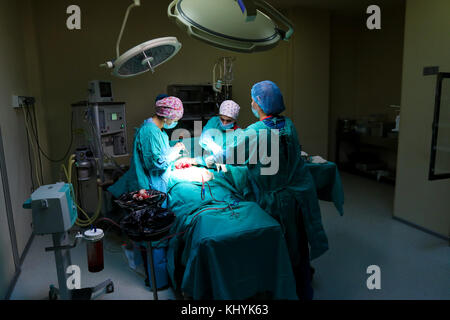 Doctors perform a Cesarean section of an operating room in a maternity ...