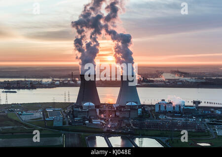 Aerial image of sunrise at nuclear power plant of Doel, Engie ...