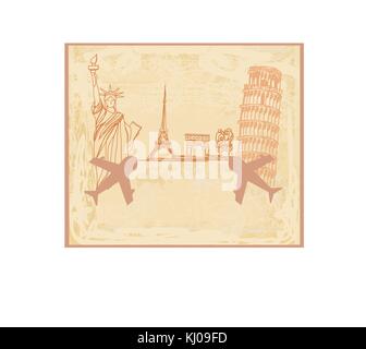 Travel the world card with pisa tower and symbols vector illustration ...