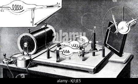 Engraving depicting high voltage x-ray equipment, x-ray tube on right, Ruhmkorff high voltage ...