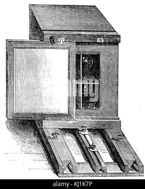 Engraving depicting a stereoscopic camera with a single shutter ...