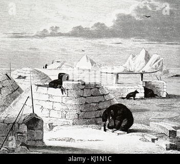 Engraving depicting an Eskimo making an igloo. The Eskimo are the ...