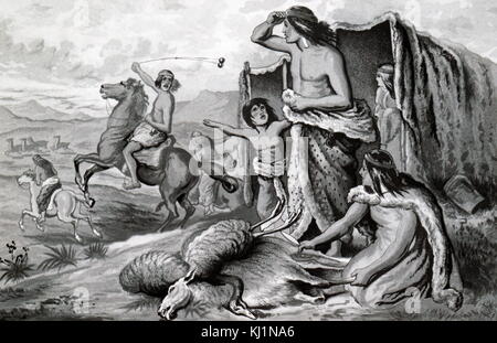 Engraving depicting members of a Patagonian tribe. Patagonia is a ...