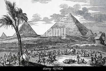 Engraving depicting the Pyramids of Giza. Ancient Egypt History. Old ...