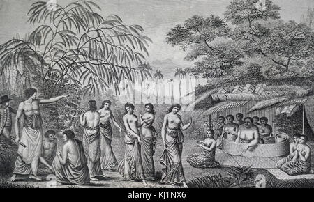 Engraving depicting native Tongan women dancing before Queen Tine ...