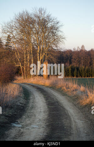 Road through fields, small forest and clouds on blue sky - view on a ...