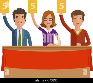 Competition jury. Contest judges with score panels at table, judging ...