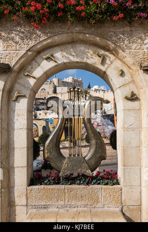 Sculpture of David's harp at the entrance of the City of David, an ...