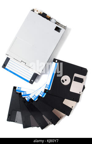Closeup view of a computer floppy drive, isolated on a white background ...