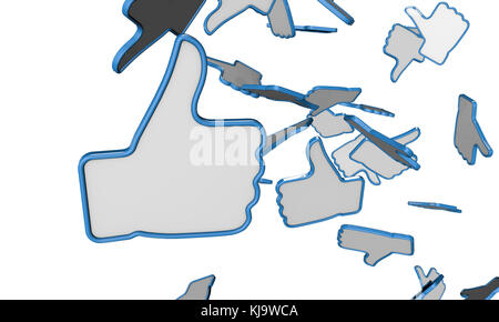Thumbs up icons falling on a white background Stock Photo - Alamy