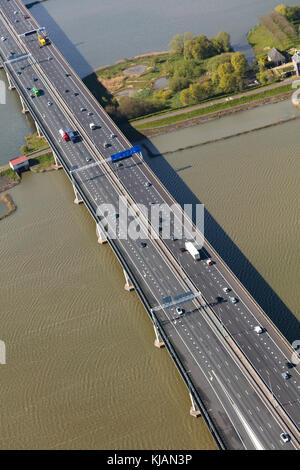 Aerial view of the Ketelbrug is bridge spanning the Ketel-lake between ...