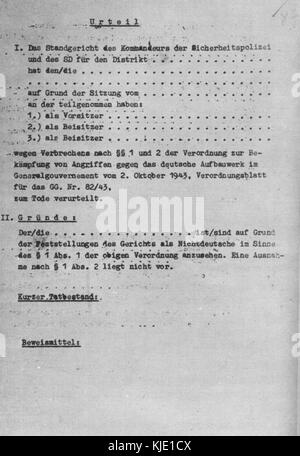 The death sentence blank used by the Nazi-German Standgericht ...