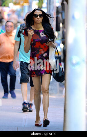 Famke Janssen wearing a floral dress in Soho Featuring: Famke Janssen ...