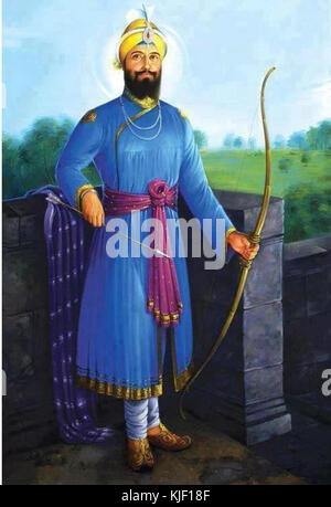 The image depicts Guru Gobind Singh, the tenth Sikh Guru, bowing to the ...