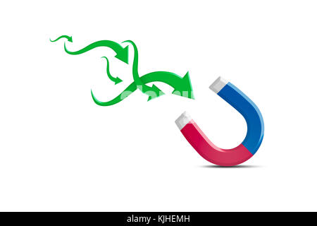 Illustrative red and blue horseshoe magnet pulling arrows, isolated on ...