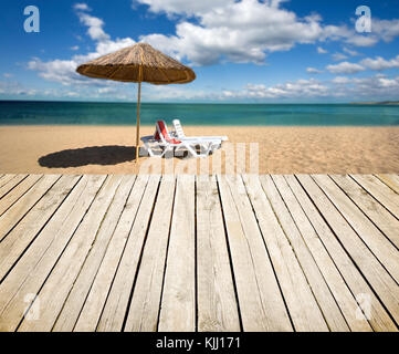Empty wooden deck over sea and sky background Stock Photo - Alamy