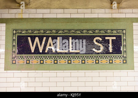 Wall street subway sign tile pattern in New York City Manhattan station ...