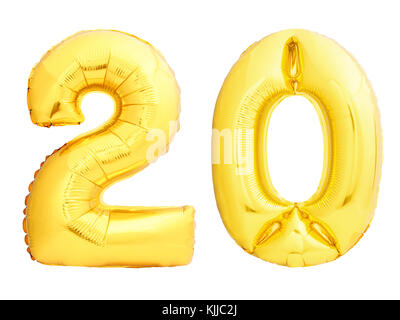 Gold number 20 foil birthday balloon isolated on white. Golden party ...