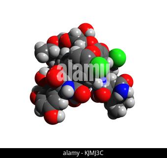Vancomycin. Molecular model of the drug vancomycin (C66.H75.Cl2.N9.O24 ...