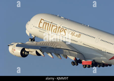 Airbus A380 climbing with flaps retracting and right rudder Stock Photo ...